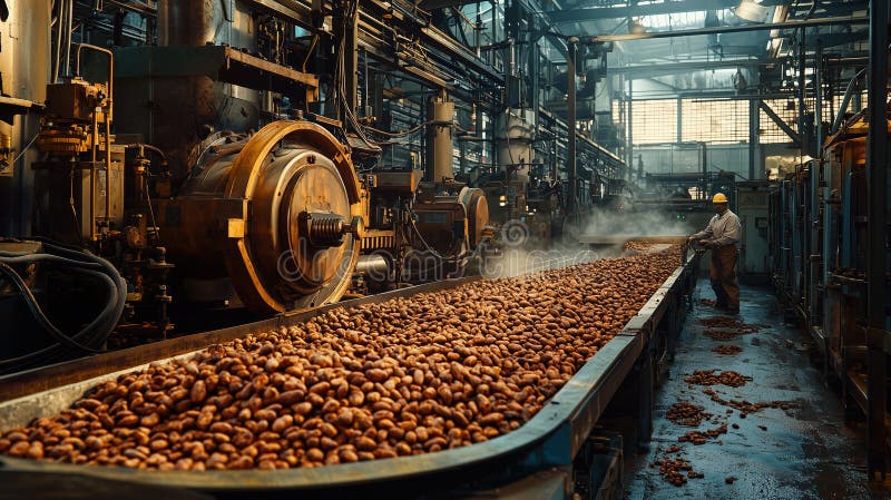 Workers Sorting Cacao Beans Inside Industrial Processing Plant for ...