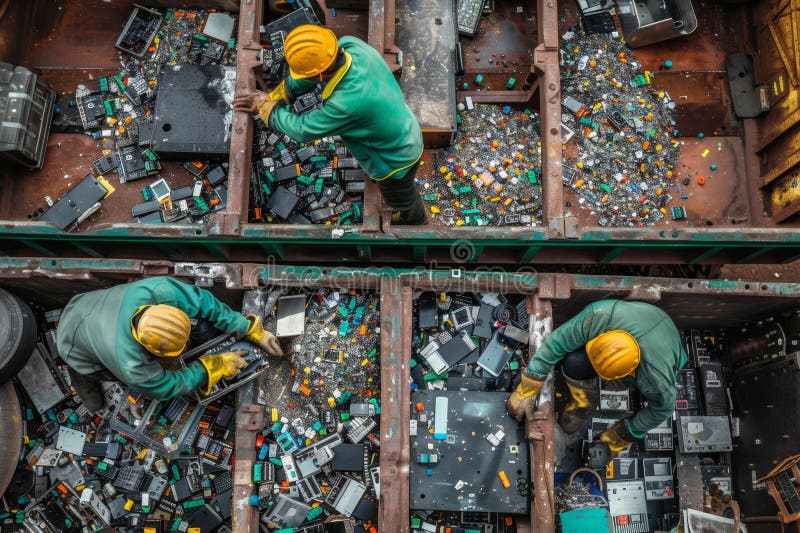 Workers Sorting Electronic Waste for Recycling from High Angle ...