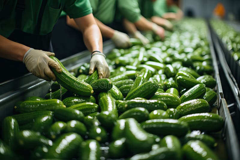 Workers Sorting Fresh Green Cucumbers on Conveyer Stock Photo - Image ...