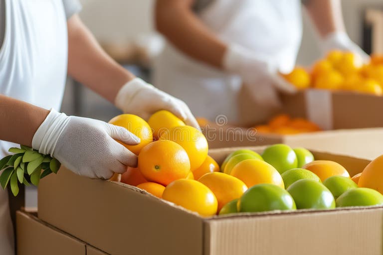 Workers Sorting Fresh Oranges and Limes in Cardboard Boxes Inside a ...
