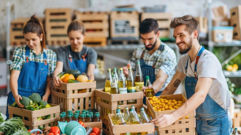 Workers Sorting Fresh Produce and Beverages in a Warehouse Stock ...