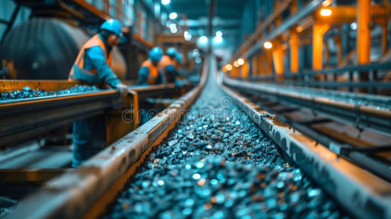 Workers Sorting Materials on a Conveyor Belt in a Large Industrial ...