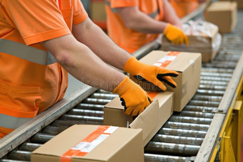Workers Sorting Packages on Conveyor Belt in Warehouse Stock ...