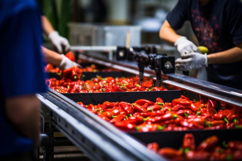 Workers Sorting Red Bell Peppers on a Conveyor Belt Stock Illustration ...