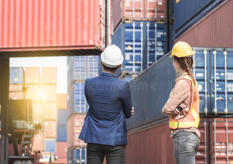 Workers Standing in Front of Containers Stock Image - Image of commerce ...