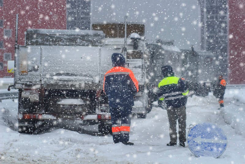Workers Sweep Snow from Road in Winter, Cleaning Road from Snow Storm ...