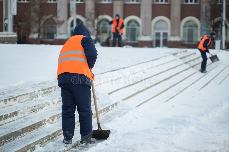 Workers Sweep Snow from Road in Winter, Cleaning Road from Snow Storm ...