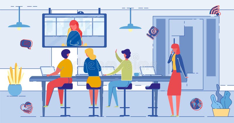Workers at Table Having Interview Via Internet. Stock Vector ...