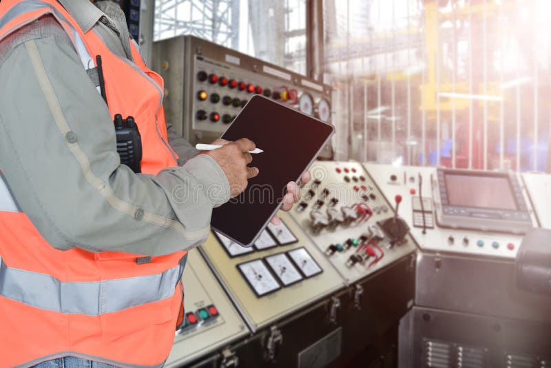 Workers with Tablet in Hand in Control Room of Rig Drilling Stock Photo ...