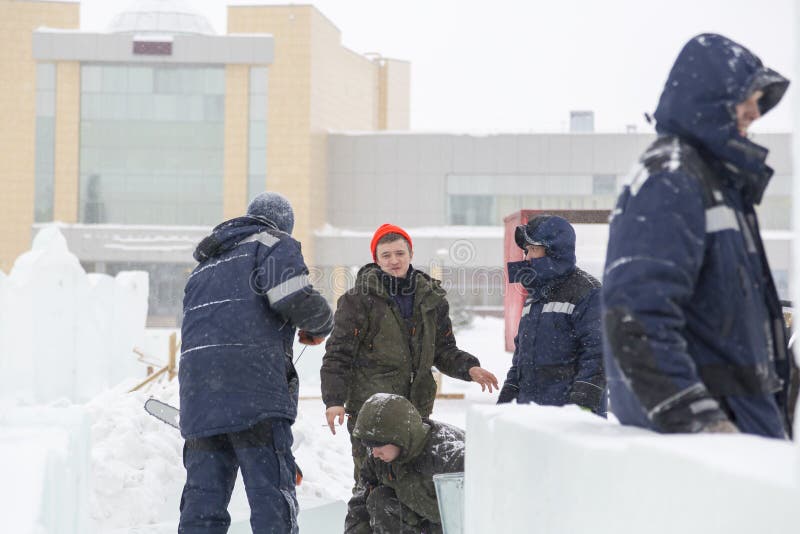 Workers Talk on the Construction Site of the Ice Town Stock Image ...