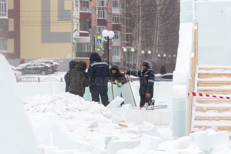 Workers Talk on the Construction Site of the Ice Town Stock Image ...