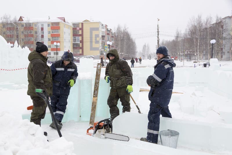Workers Talk on the Construction Site of the Ice Town Stock Photo ...