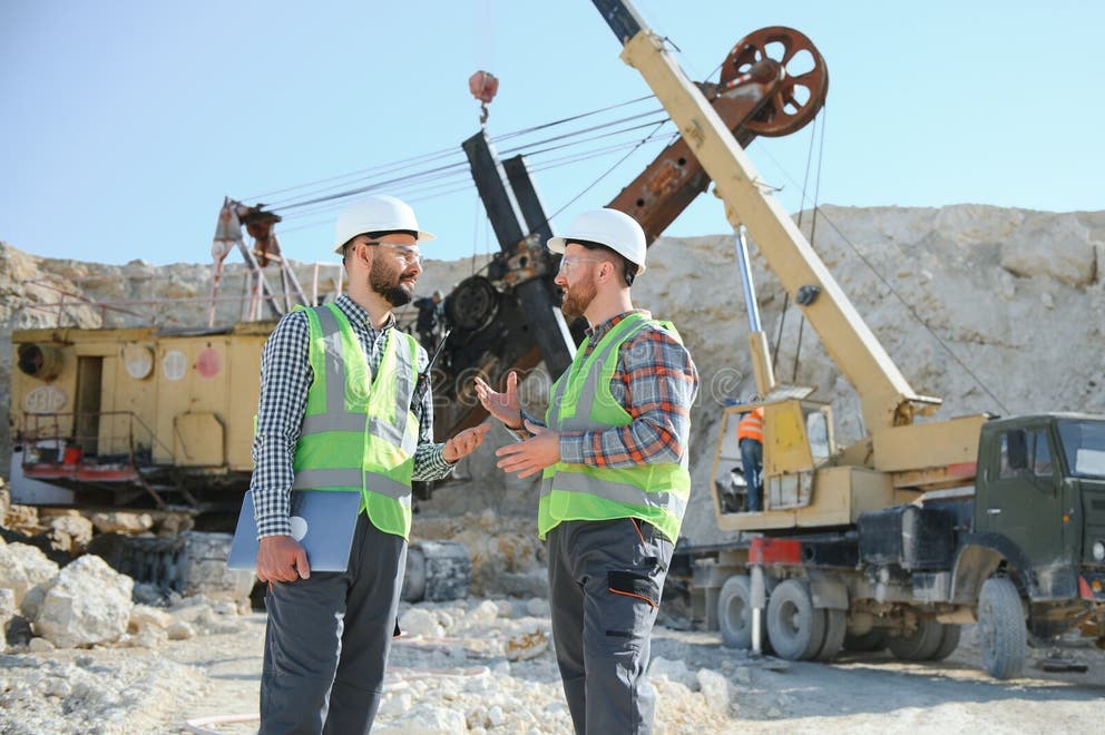 Workers Talking in Rock Quarry Stock Photo - Image of miner, hard ...