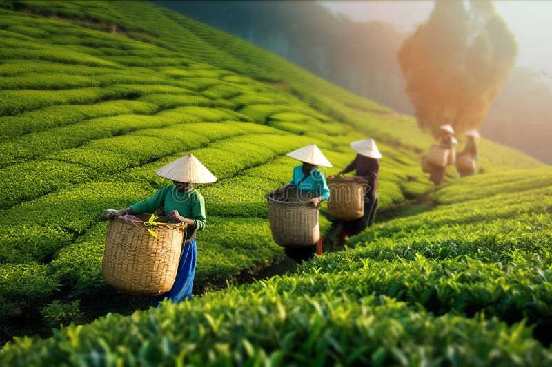 Workers in tea plantation stock illustration. Illustration of ...