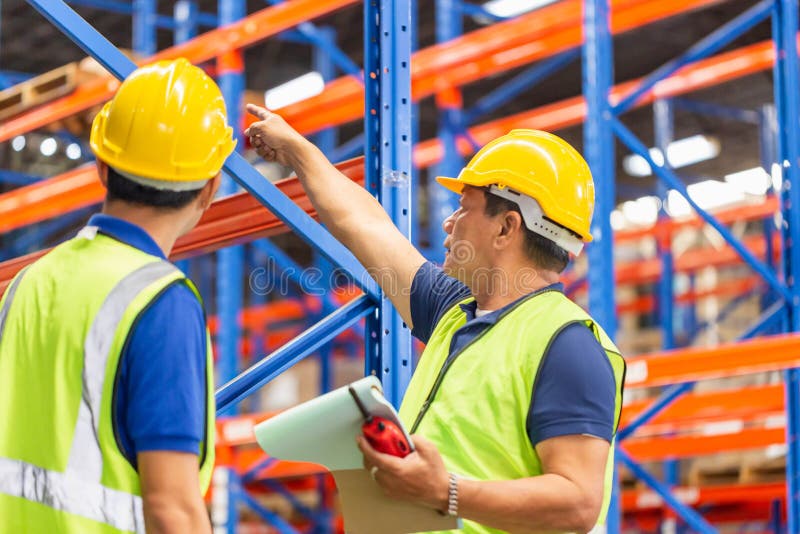 Workers Team Taking Inventory in Factory Warehouse, Foreman Workers ...