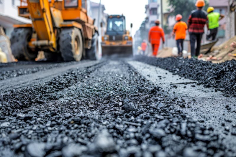 Workers with Tools on Paved Road, Road Markings on Asphalt Stock Photo ...