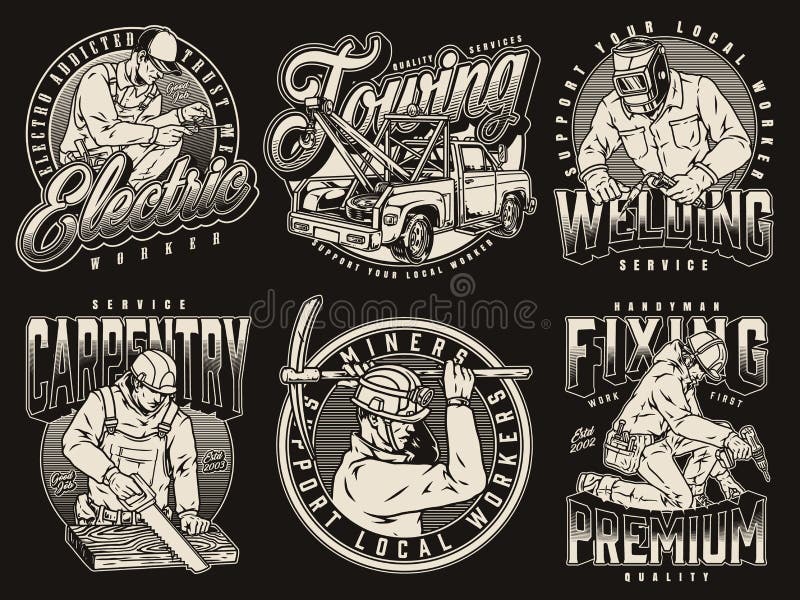 Workers and Towing Service Monochrome Emblems Stock Vector ...