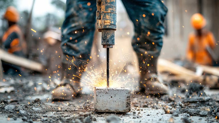 Workers Transform a Concrete Block into Debris with an Electric Jackhammer in Dramatic Lighting ...