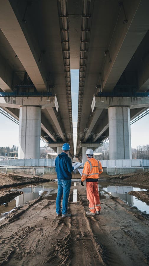 Workers Under a Bridge, One with Blue Hard Hat and Plans, the Other in ...