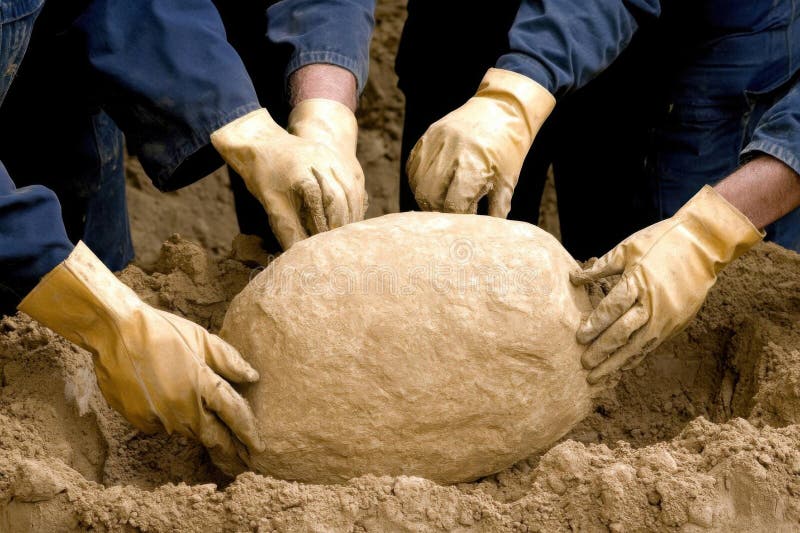 Workers Unearth Large Rock Formation in Sand Carefully and Precisely ...
