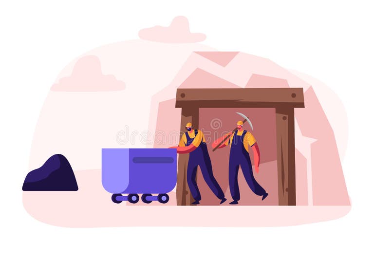 Workers in Uniform and Helmets Exit Coal Mine Pushing Trolley and with ...