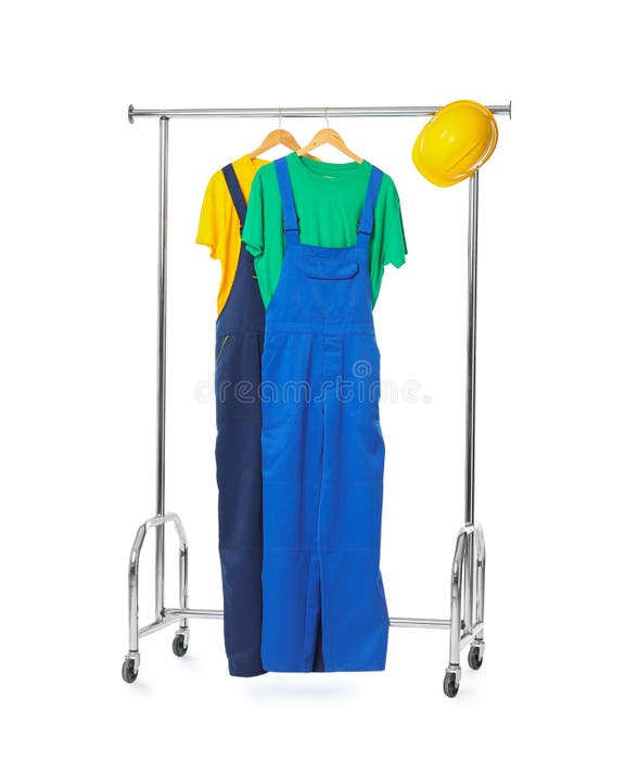 Workers Uniforms on Clothing Rack Isolated on White Stock Photo - Image ...