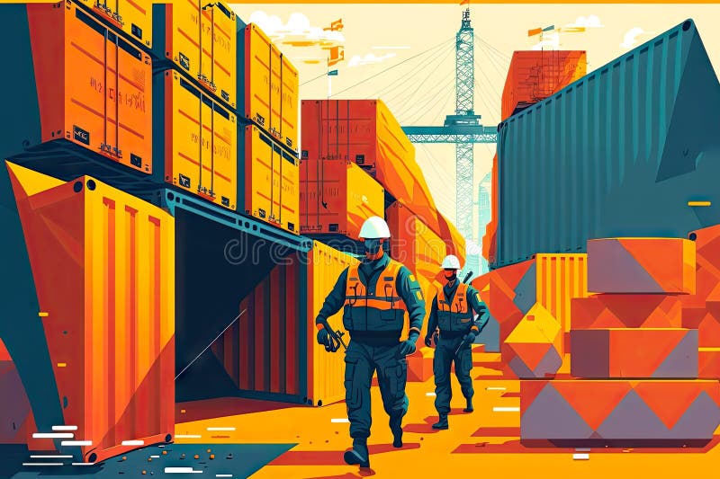 Workers in Uniforms and Helmets Count Containers with Goods To Cargo ...
