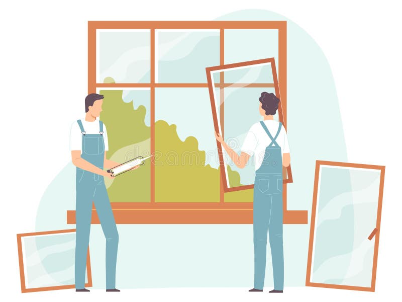 Workers in Uniforms Install Windows. Man Making House or Home Apartment ...