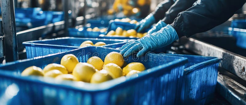 Workers Unload Fresh Lemons from Blue Boxes into Bins at a Vibrant ...