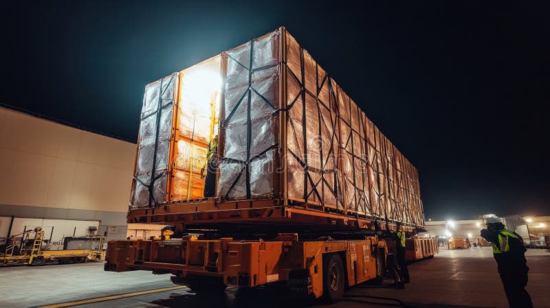 Workers Handle Cargo Container Unloading at Night at a Busy Shipping ...