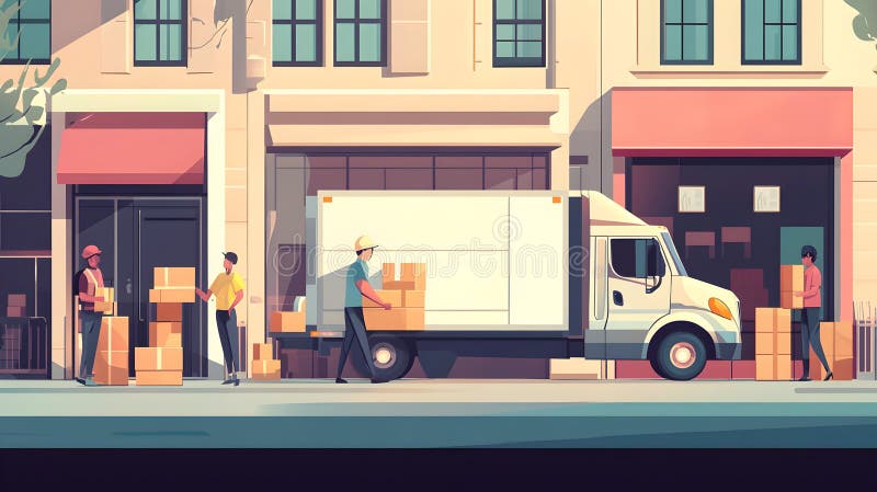 Workers Unloading Delivery Boxes from a Truck in an Urban Area with ...