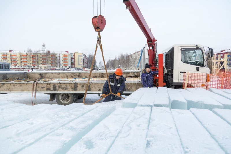 Workers Unloading Ice Blocks from a Car Stock Image - Image of bright ...