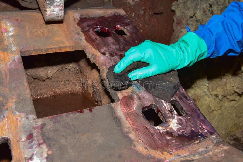 Workers Use Cleaner for Remove the Penetrant from the Welding Stock ...