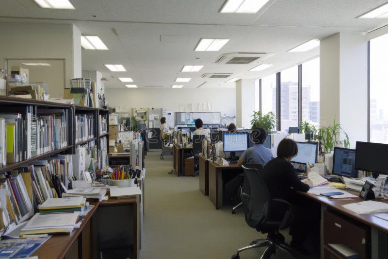 Workers Use Computers in Office with Plants and File. Contemporary ...