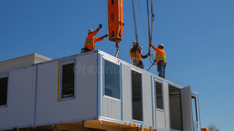Workers Using a Crane To Lift a Modular Building Section Stock ...