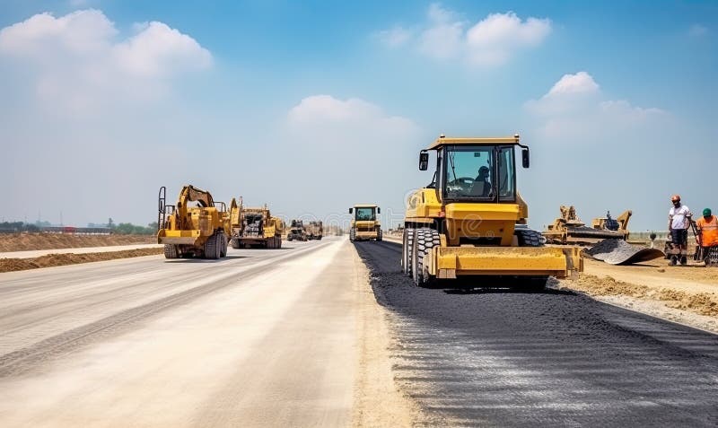 Workers Using Heavy Machinery To Lay New Asphalt Road at Construction ...