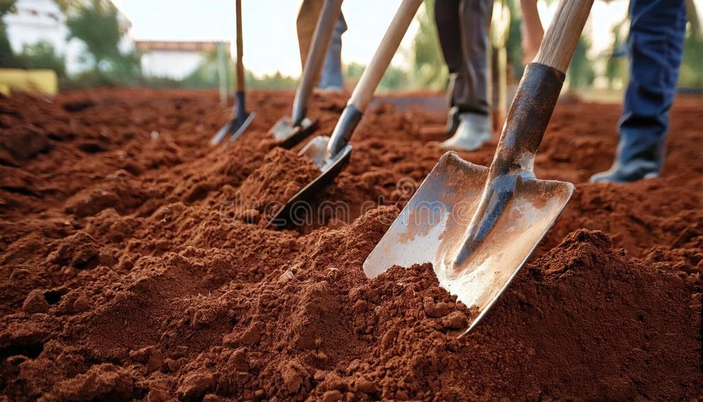 Workers Using Shovels To Dig into Red Soil at a Construction Site ...