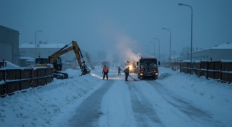 Clearing Snow from Road with Heavy Machinery and a Snowplow Truck Stock ...