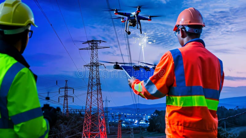 Workers Utilize a Drone To Inspect Power Lines during Sunset in a Rural ...