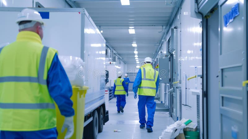 Workers Walking through Cold Room, Workers Walking in Large Warehouse ...