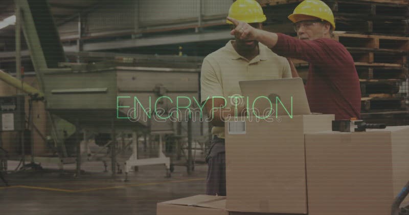 Workers in Warehouse with Boxes, ENCRYPTION Text Animation Over Scene Stock Video - Video of ...