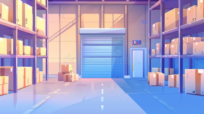 Workers in a Warehouse, Cardboard Boxes on Shelves, and Gates with ...