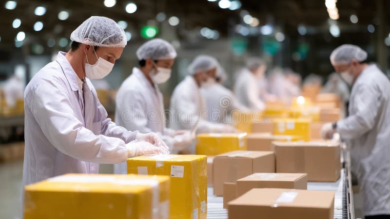 Workers in a Warehouse are Diligently Packing Boxes for Delivery. the ...