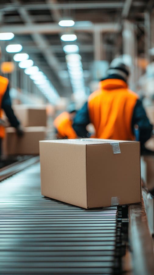 Workers in Warehouse Handling Cardboard Boxes on Sorting Conveyor Stock ...