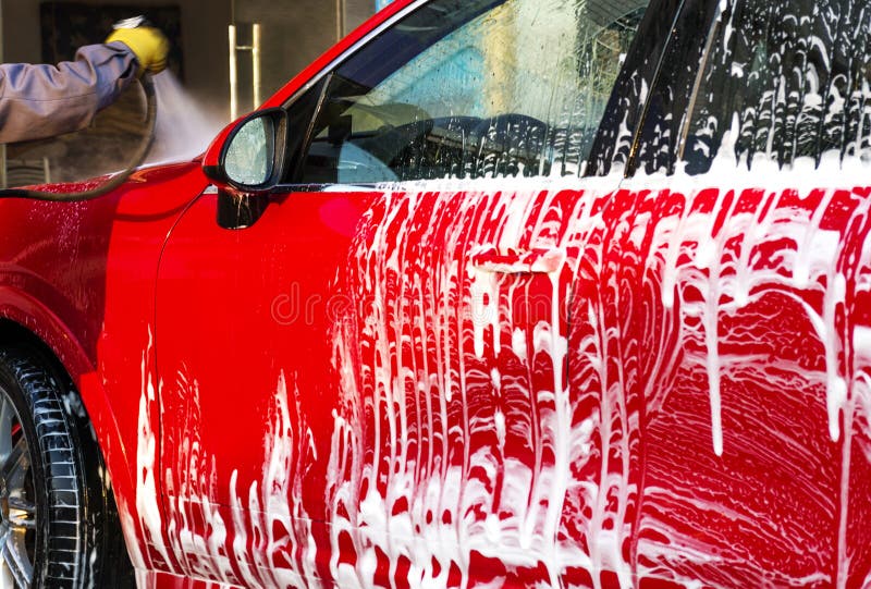 Workers in the Wash Clean a Red Car Stock Image - Image of hose ...