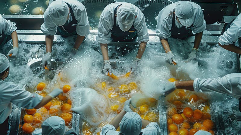 Workers Washing Oranges in a Factory Stock Illustration - Illustration ...