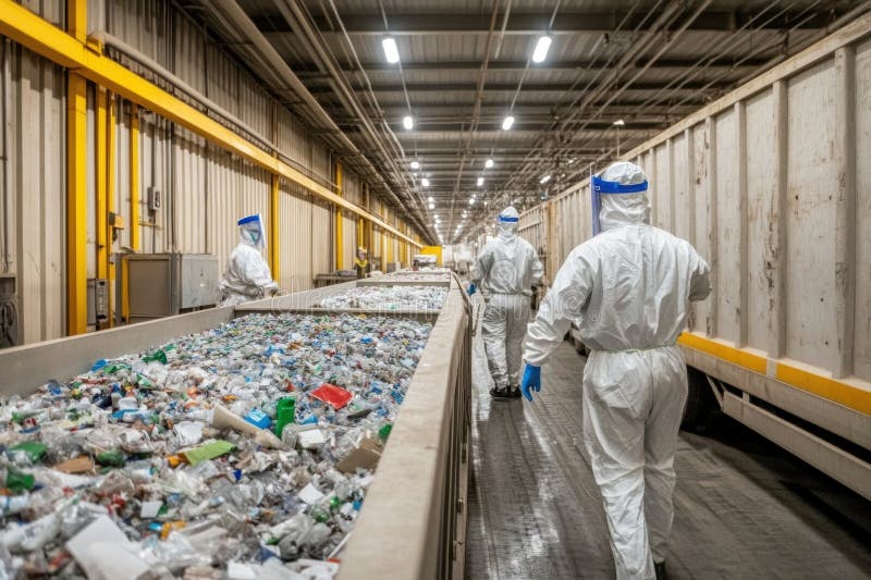 Workers Wearing Hazmat Suits Sorting Plastic Waste in Recycling Plant ...