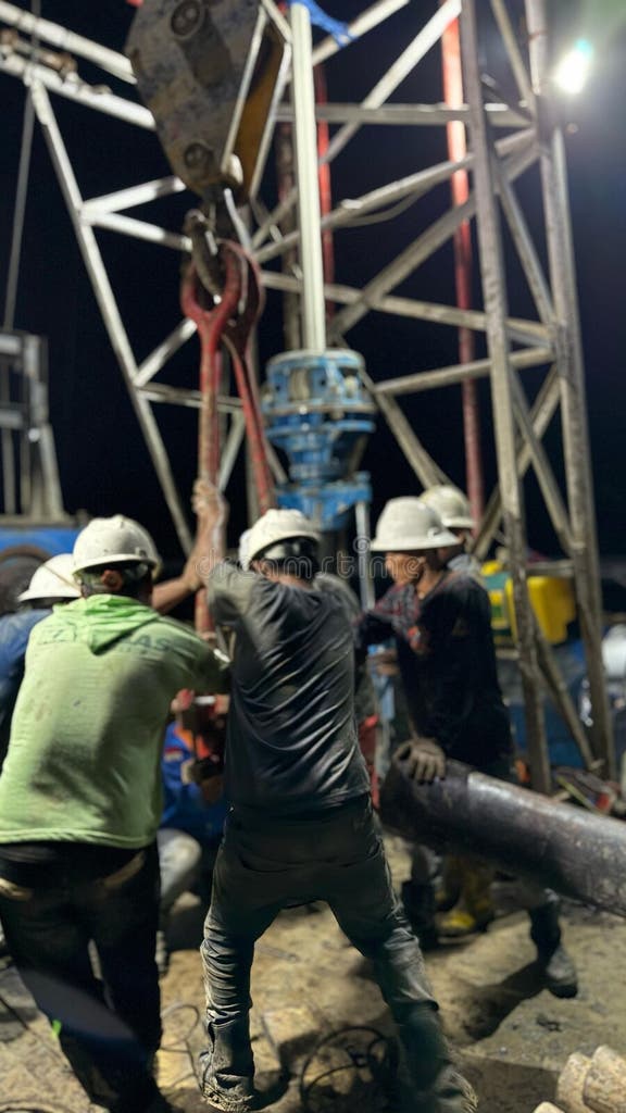 Workers Wearing Helmets are Pulling a Heavy Rope at Night, Showing ...