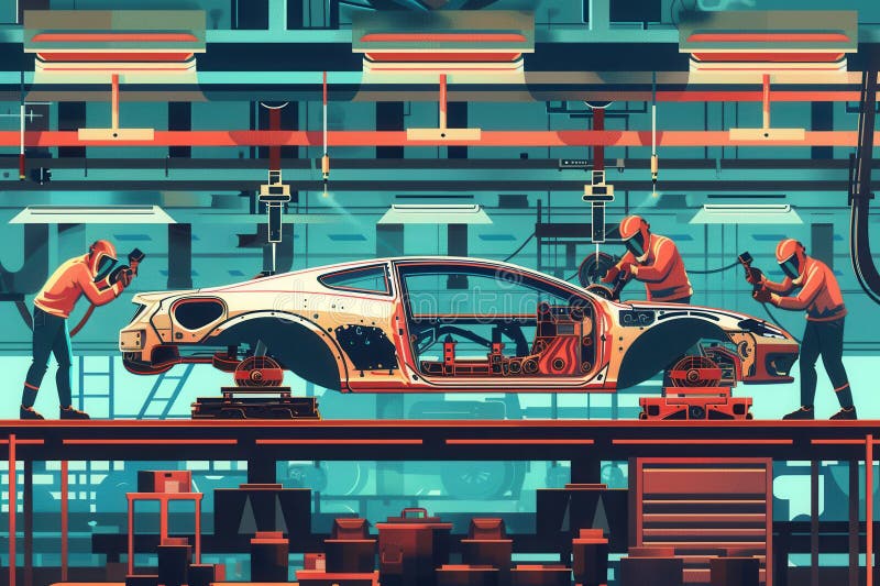 Workers Wearing Protective Gear Weld the Body of a Car during the ...