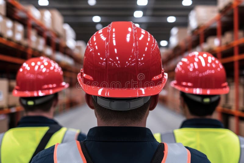 Workers Wearing Red Helmets in a Warehouse with Shelves of Storage ...